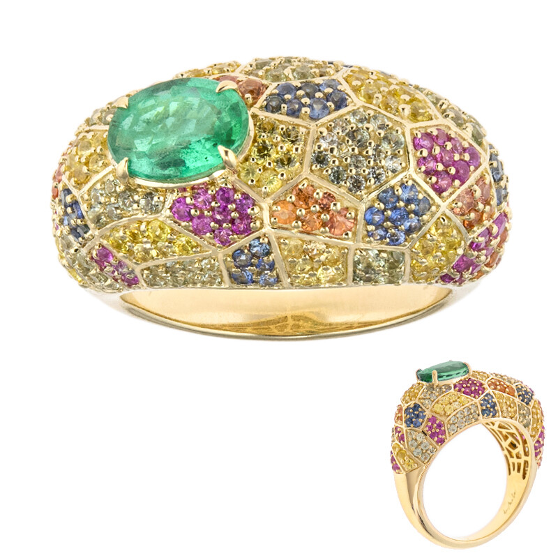 Sambischer Smaragd 1,125ct 585 Gold Ring, mehrfarbige Saphire